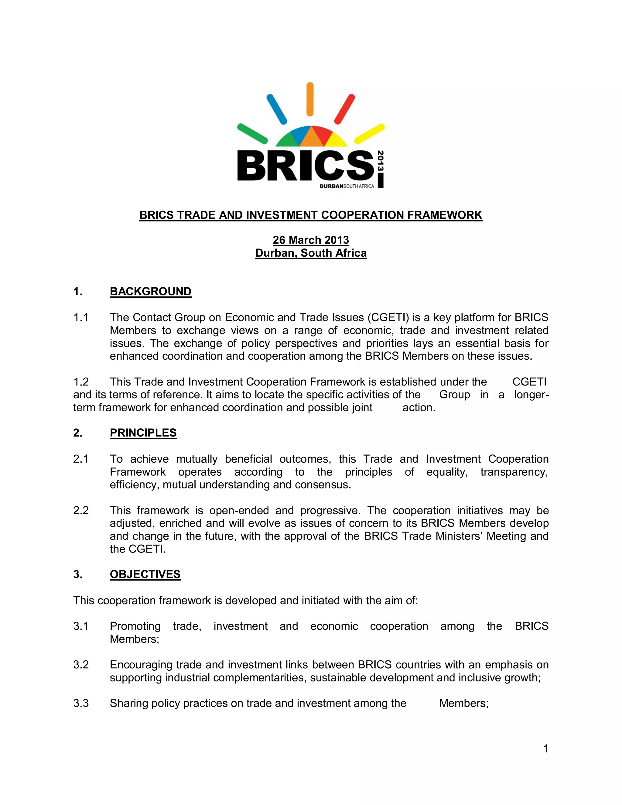 BRICS Trade and Investment Cooperation Framework 2013 | PDF