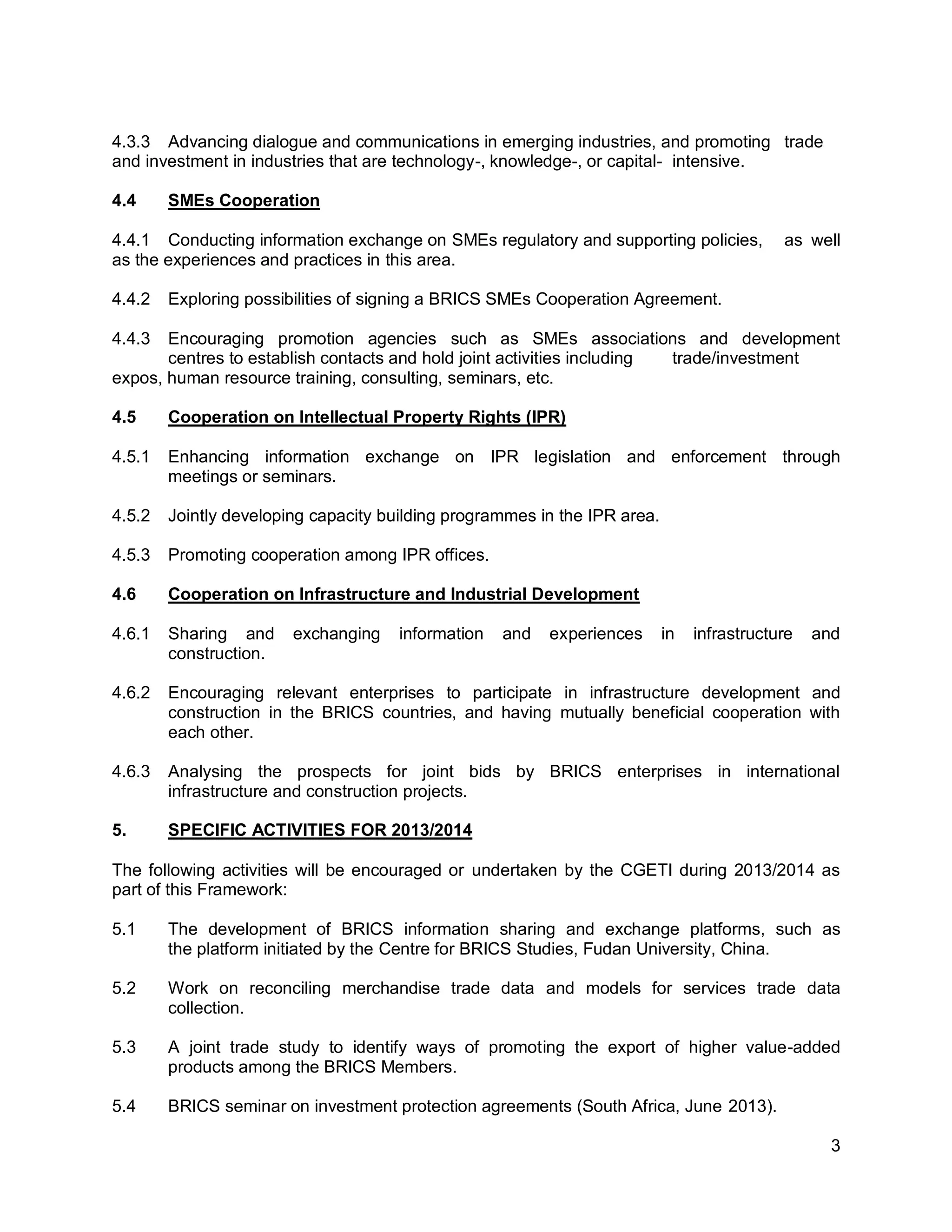 BRICS Trade and Investment Cooperation Framework 2013 | PDF