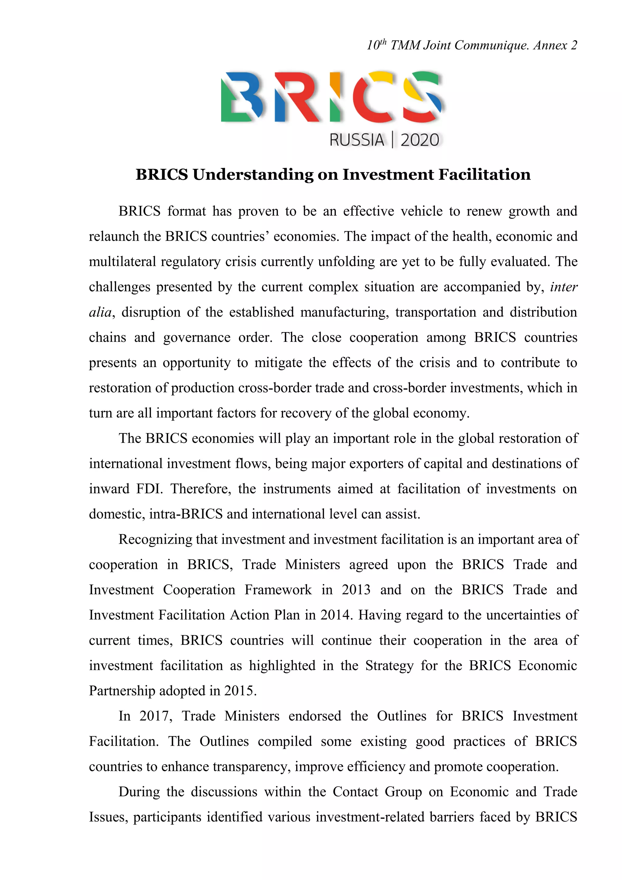 BRICS Understanding on Investment Facilitation 2020 | PDF