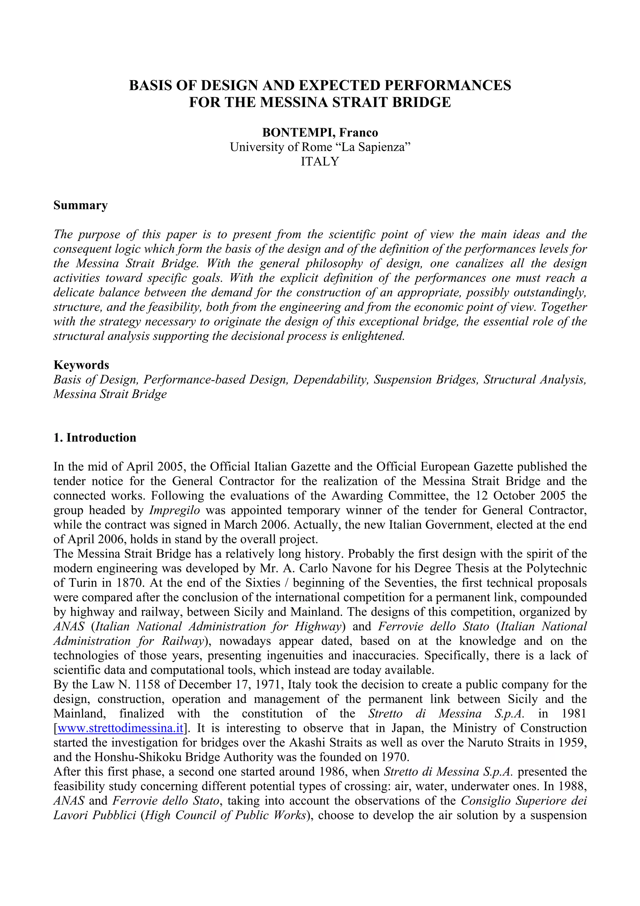 Basis of Design and Expected Performances for the Messina Strait Bridge ...