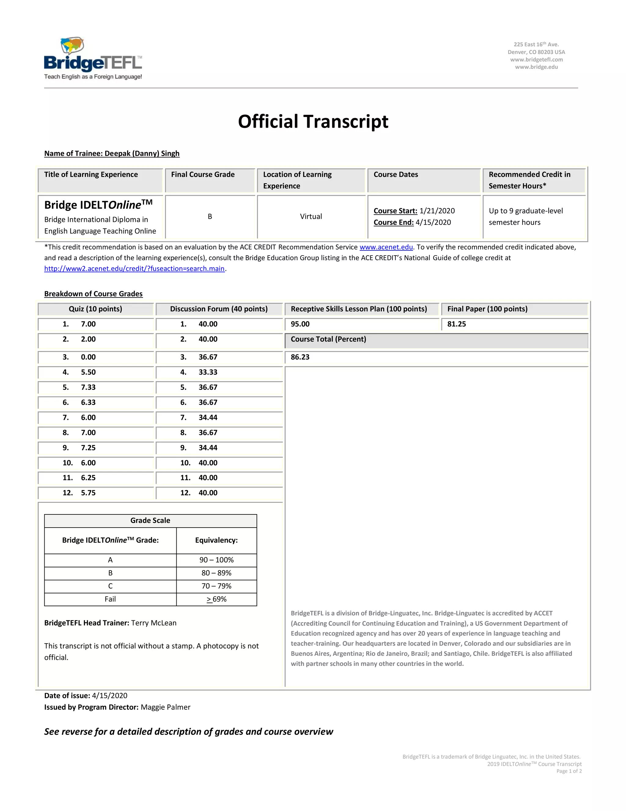 Bridge TEFL IDELT Official Transcript of Deepak (Danny) Singh | PDF