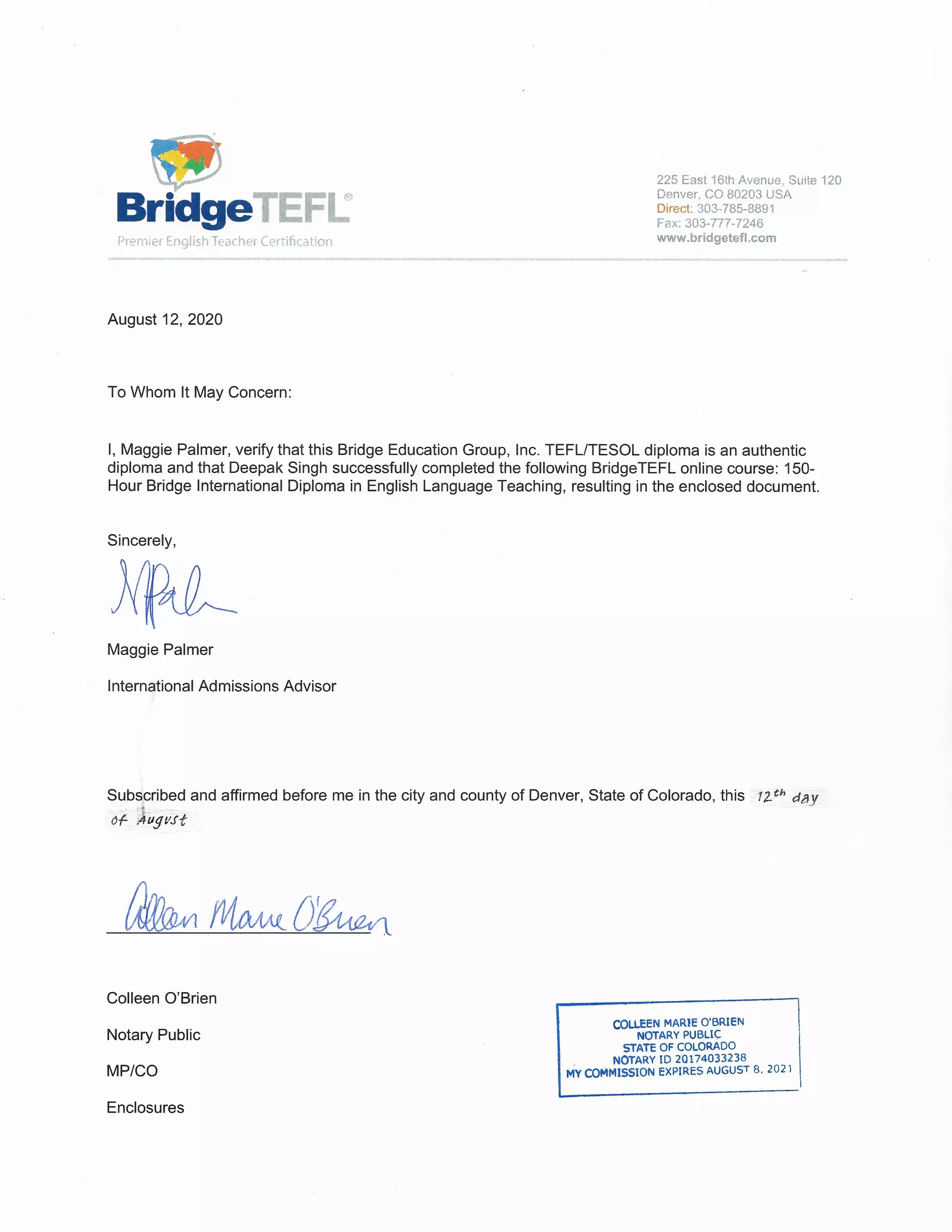 Bridge TEFL Notarized Letter of Deepak Singh | PDF | Education