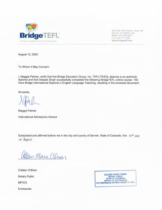 Bridge TEFL Notarized Letter of Deepak Singh | PDF | Education
