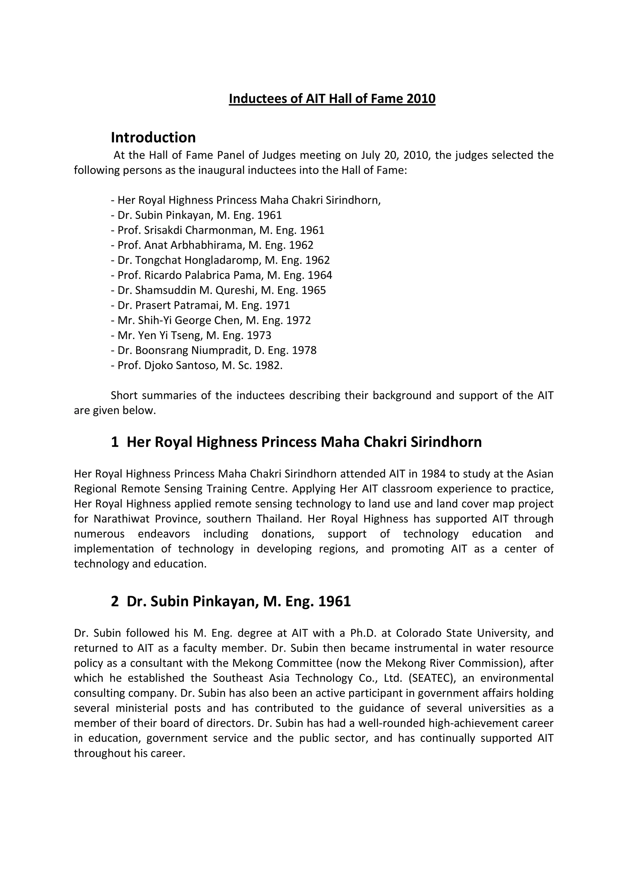 AIT Hall Of Fame Inductees 2010 | PDF