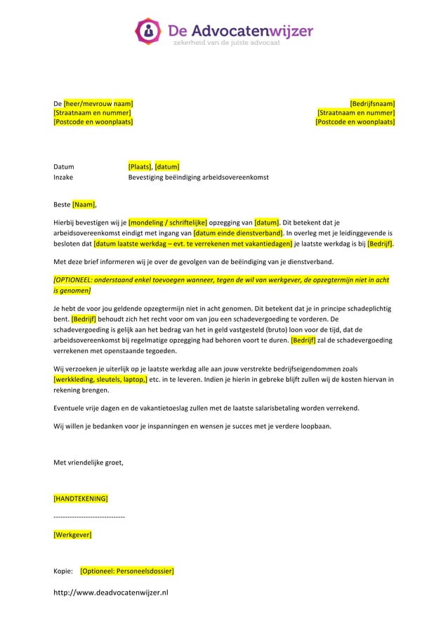 Brief bevestiging ontslag - De Advocatenwijzer