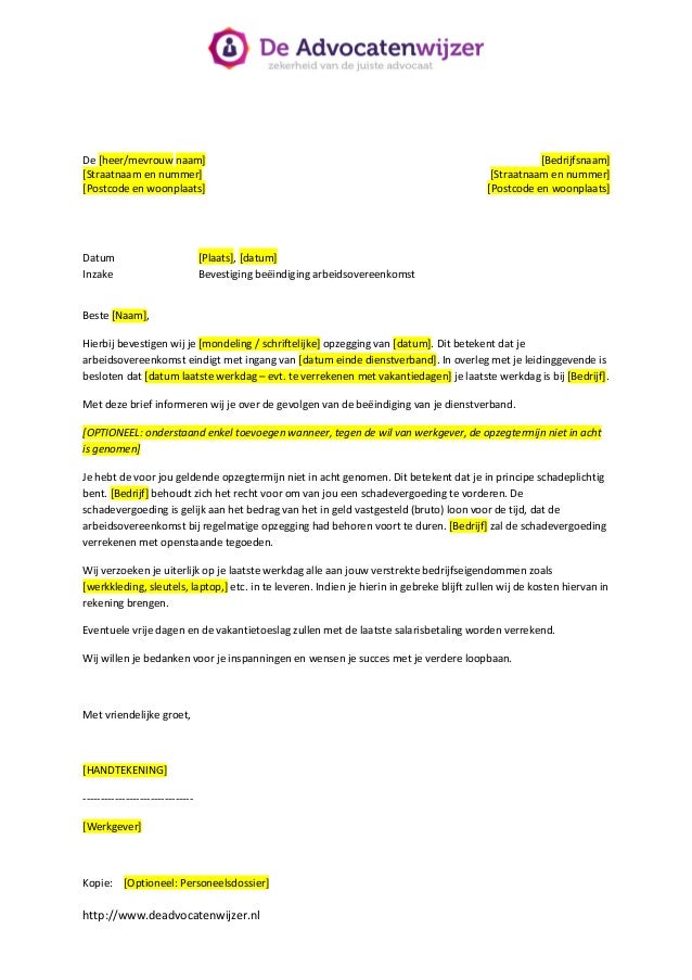 Brief bevestiging ontslag - De Advocatenwijzer