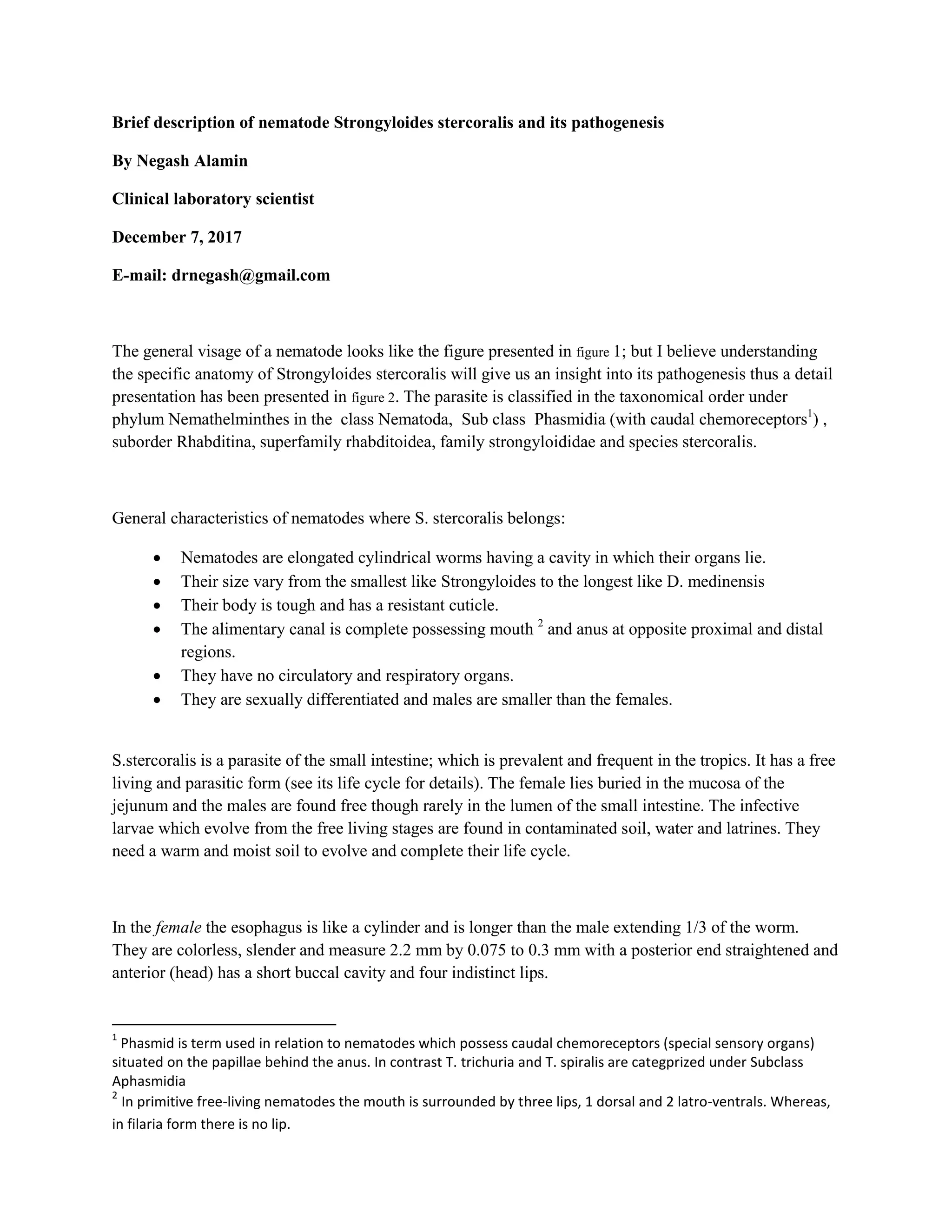 Brief description of nematode strongyloides stercoralis and its ...