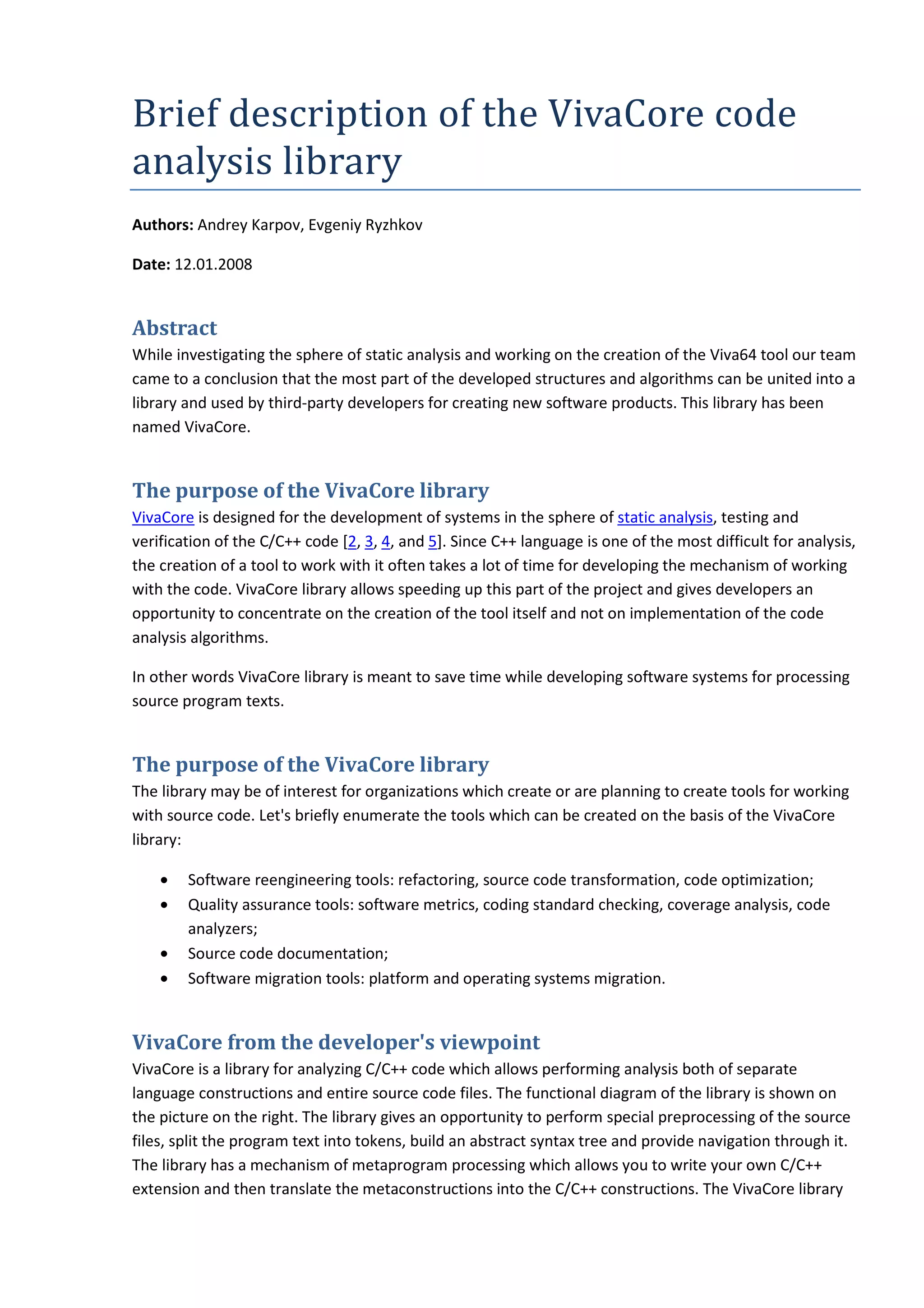 Brief description of the VivaCore code analysis library | PDF