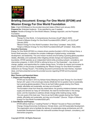 Briefing Document Energy For One World (EFOW) and Mission Energy For ...