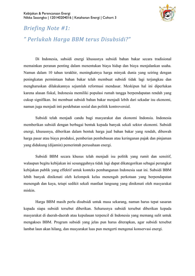 Briefing Note & Rekomendasi Subsidi Bbm | PDF