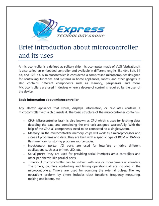 Brief introduction about microcontroller and its uses | PDF