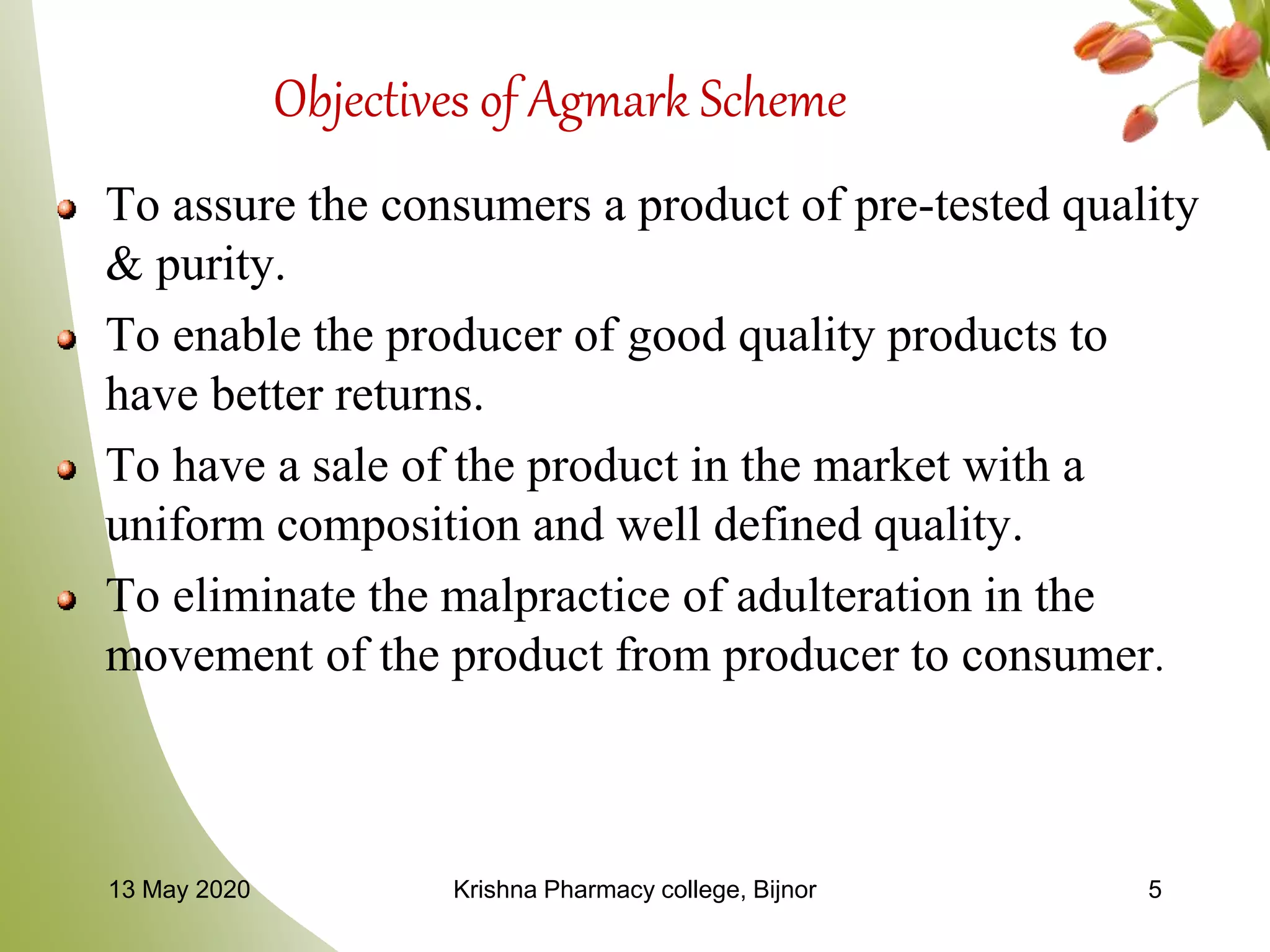 Brief introduction to Agmark, BIS and FSSAI | PPTX