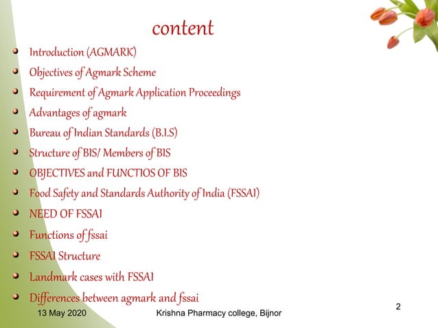Brief introduction to Agmark, BIS and FSSAI | PPTX