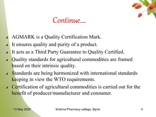 Brief introduction to Agmark, BIS and FSSAI | PPTX
