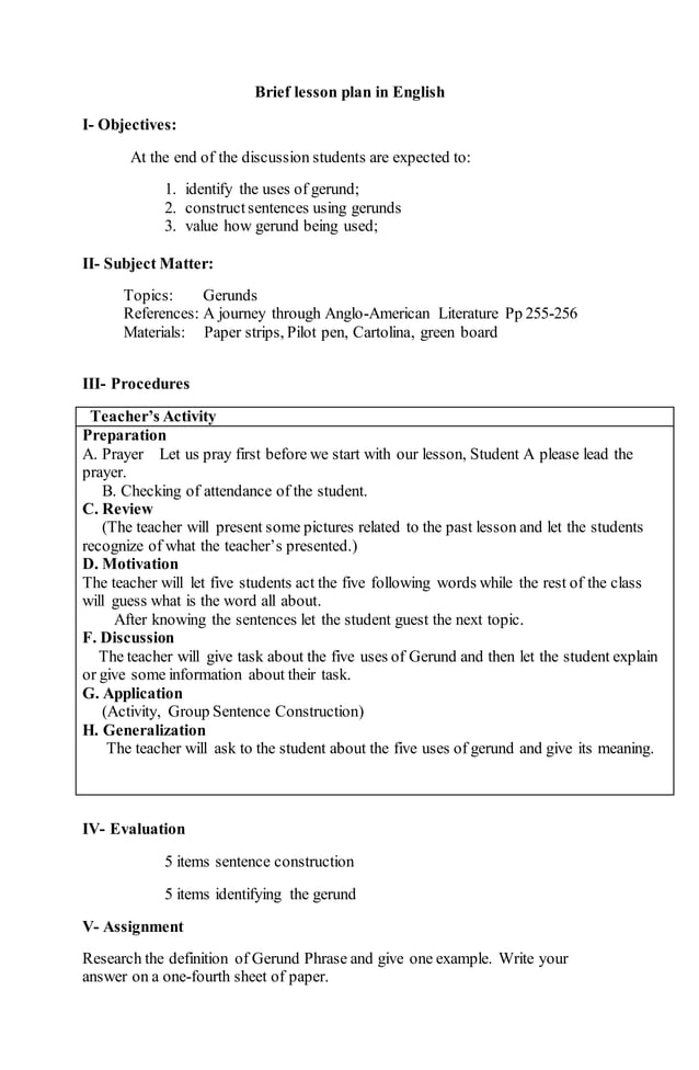 Brief lesson plan - Gerund | DOCX