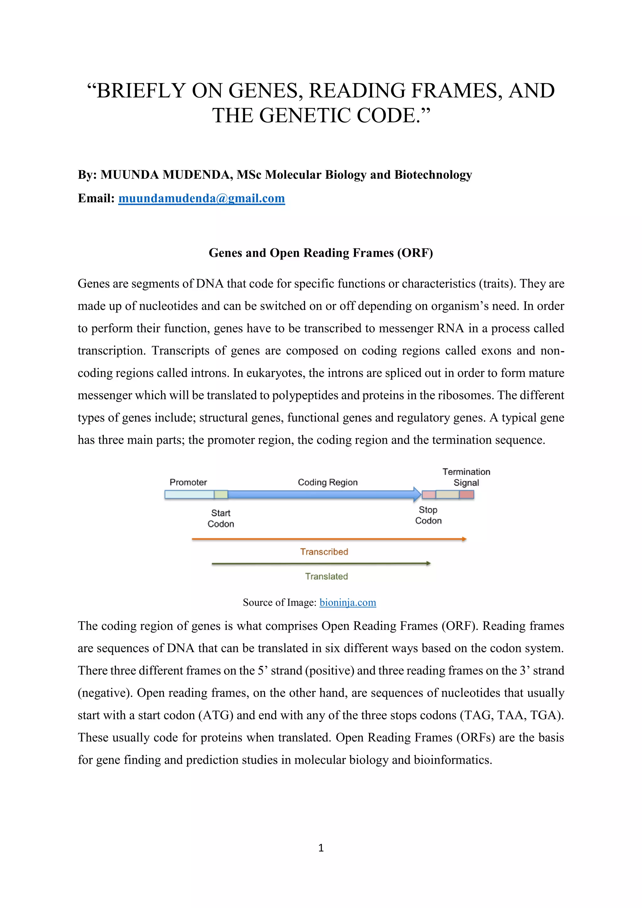 BRIEFLY ON GENES, READING FRAMES AND THE GENETIC CODE | PDF