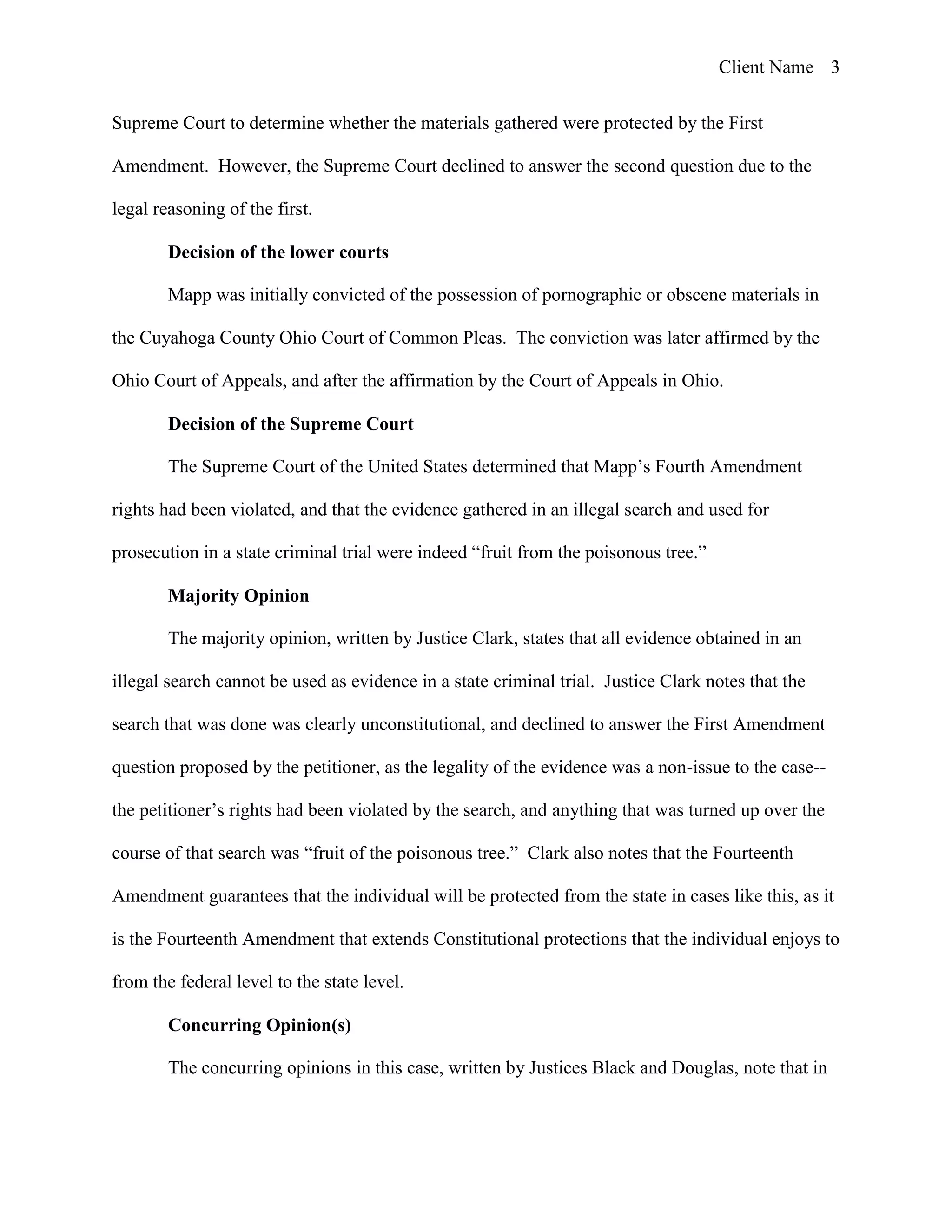 Brief of Mapp v. Ohio (1961) (Case Study Sample) | DOCX
