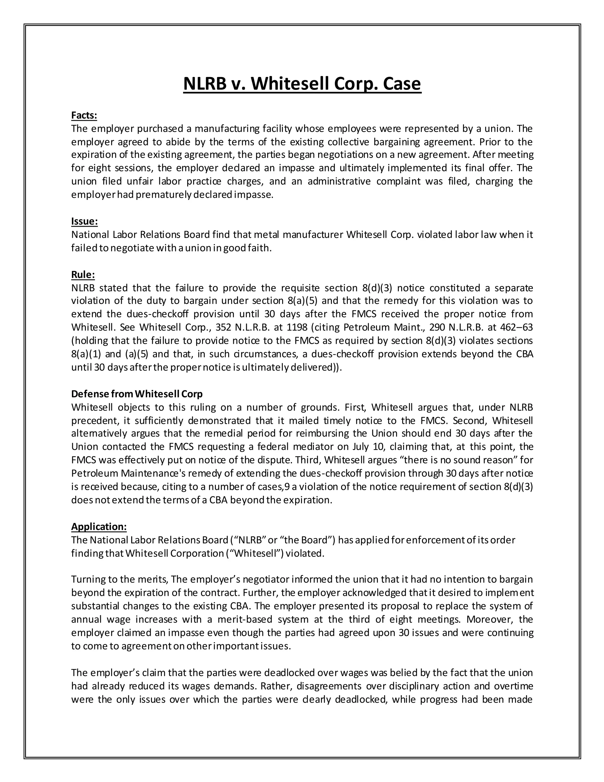 Brief outline nlrb v. white sell corp | DOCX