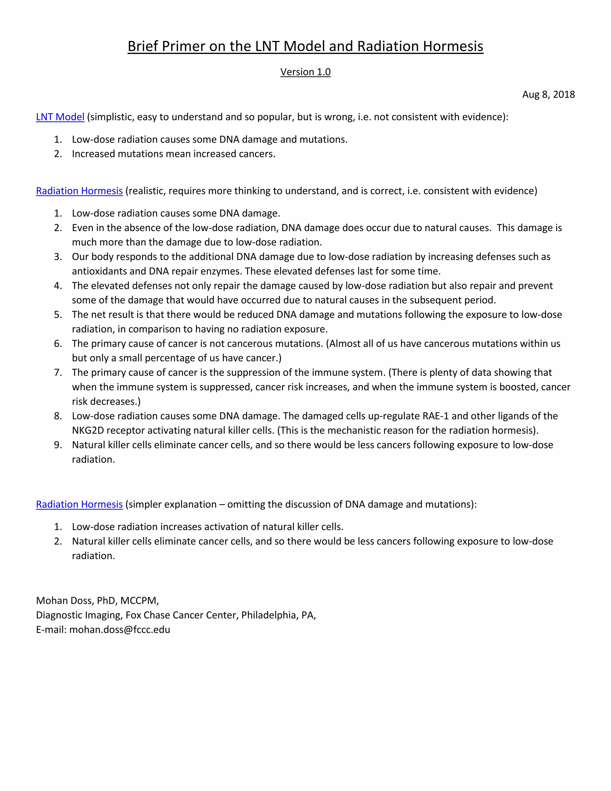 Brief primer on the lnt model and radiation hormesis | PDF