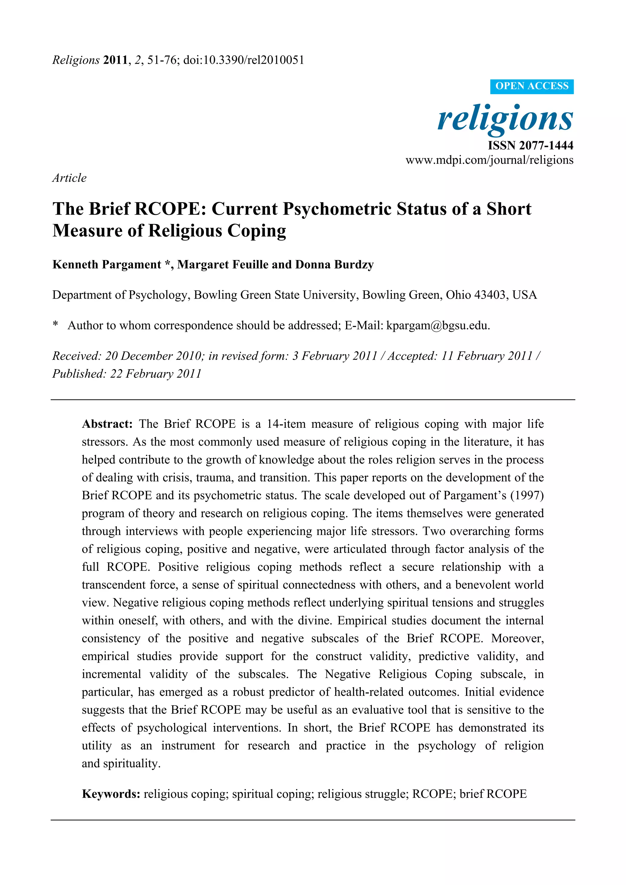 The Brief RCOPE: Current Psychometric Status of a Short Measure of ...