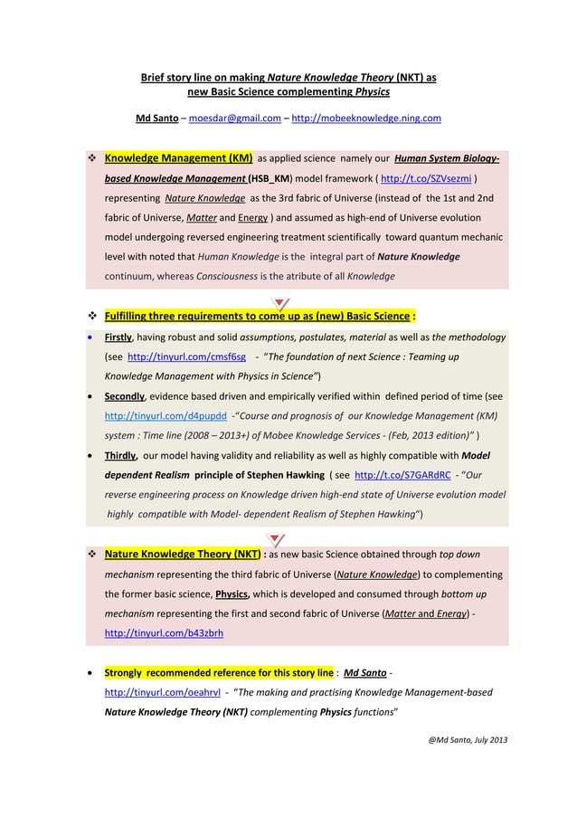 Brief story line on making Nature Knowledge Theory (NKT) as new Basic Science complementing ...