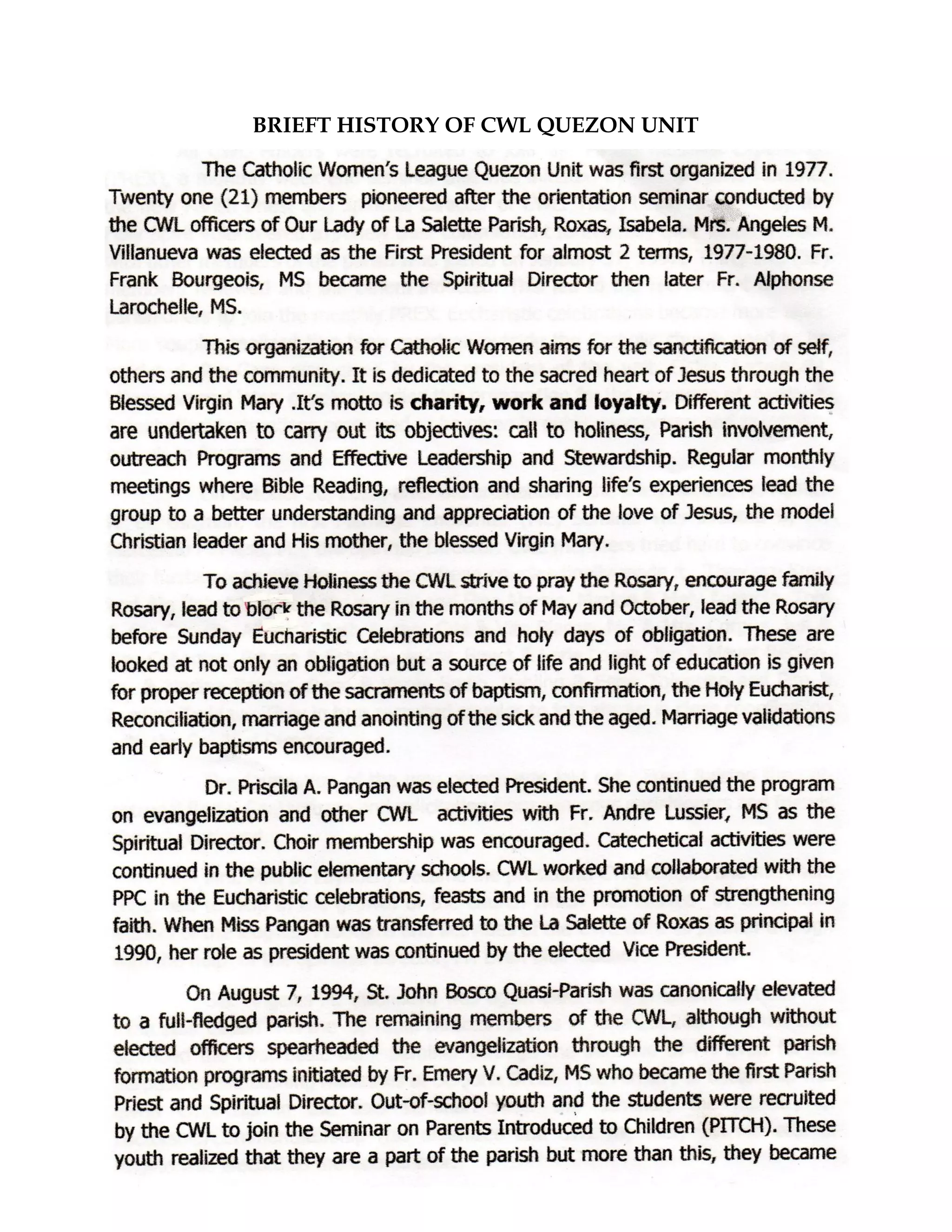 Brieft history of cwl quezon unt | PDF