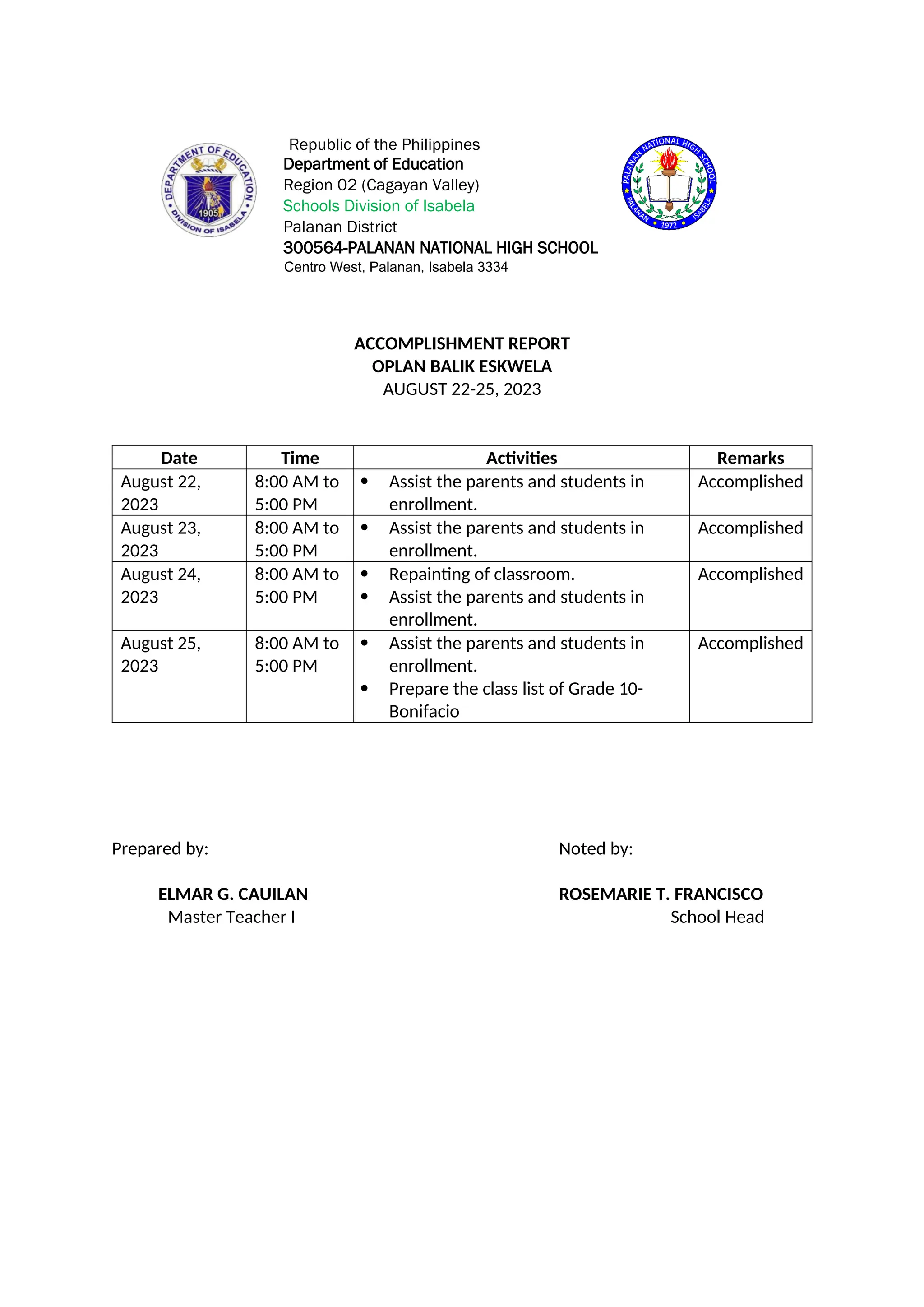 brigada Eskwela accomplishment........... | DOCX