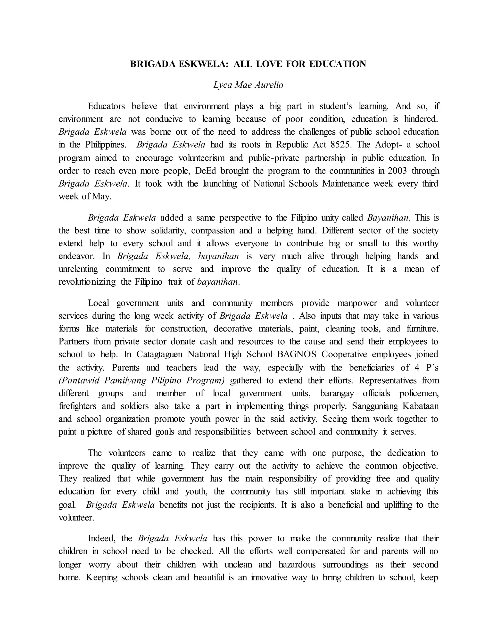 Brigada Eskwela All Love for Education | DOCX