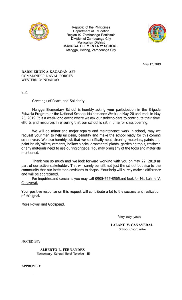 sample Brigada eskwela letter | DOCX