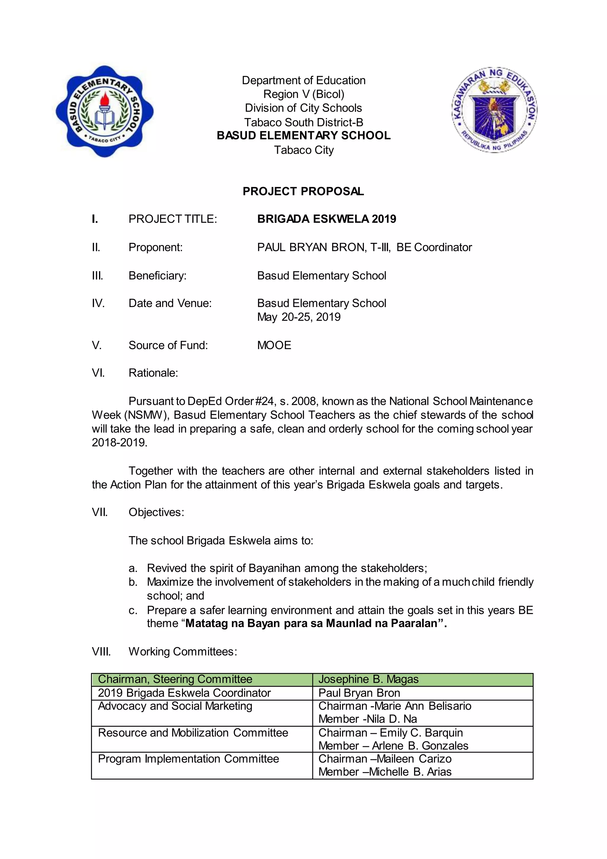 Brigada eskwela proposal | DOCX