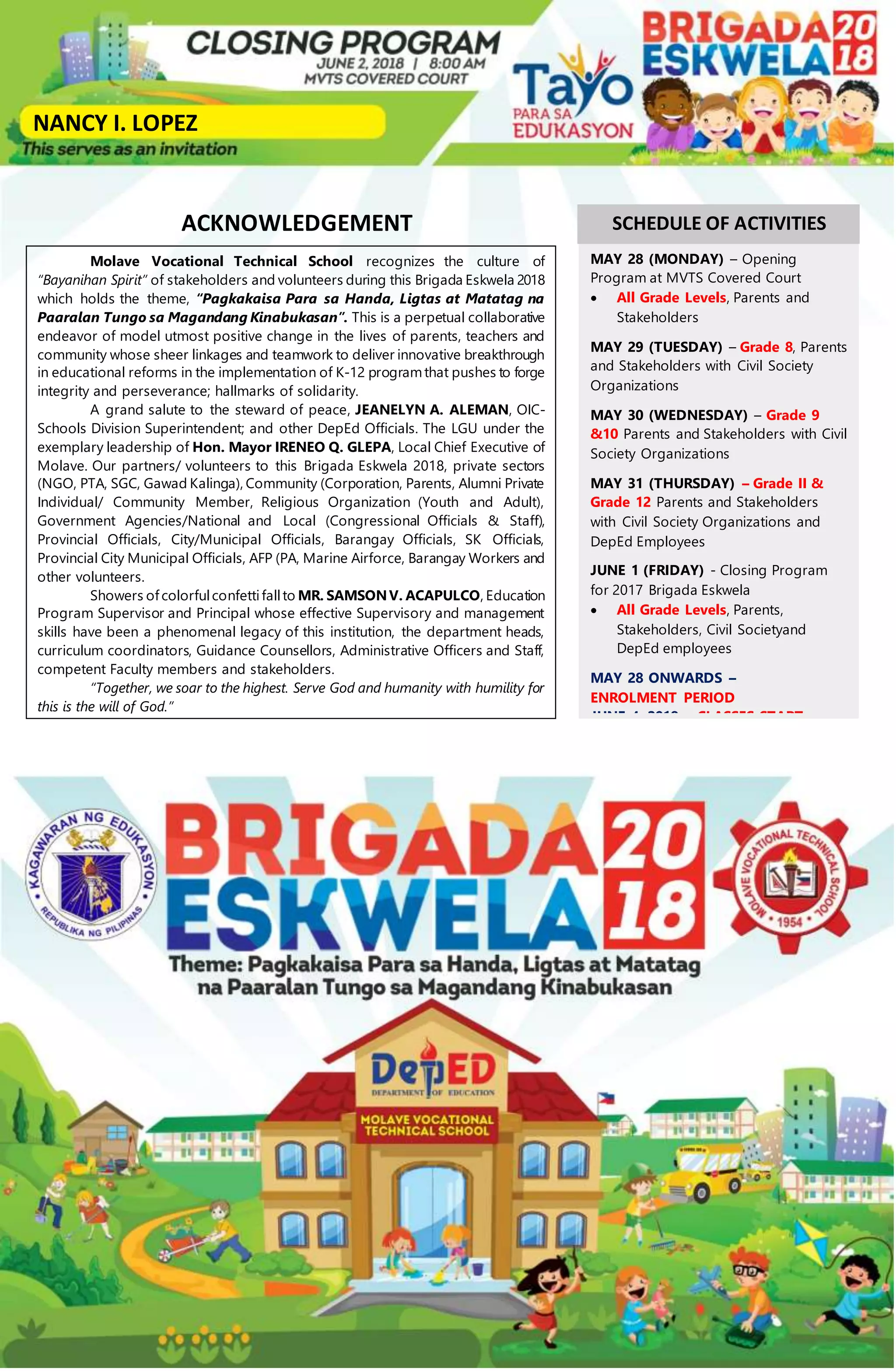 BRIGADA ESKWELA 2018 - Closing Program | DOCX