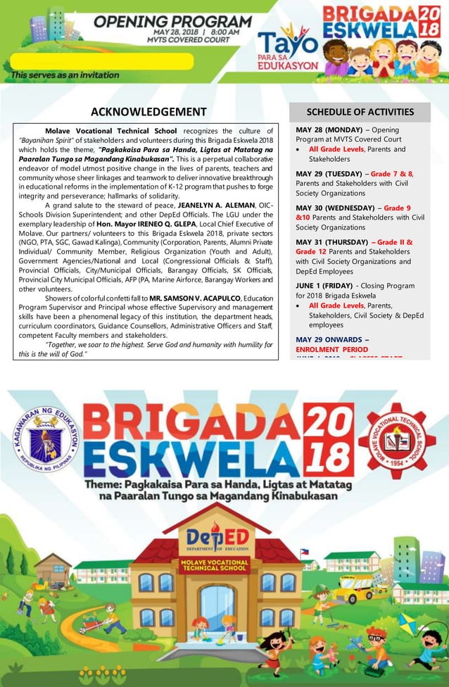 BRIGADA ESKWELA 2018 - Opening Program | DOCX | Business | Business and Finance
