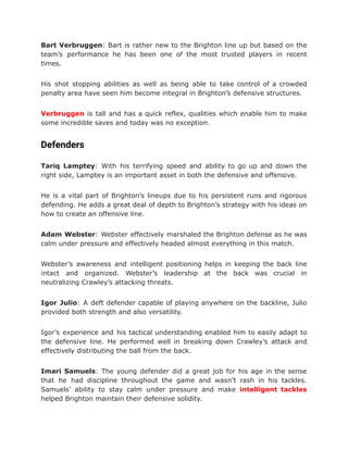 Brighton & Hove Albion F.C. vs Crawley Town Lineups Review | PDF