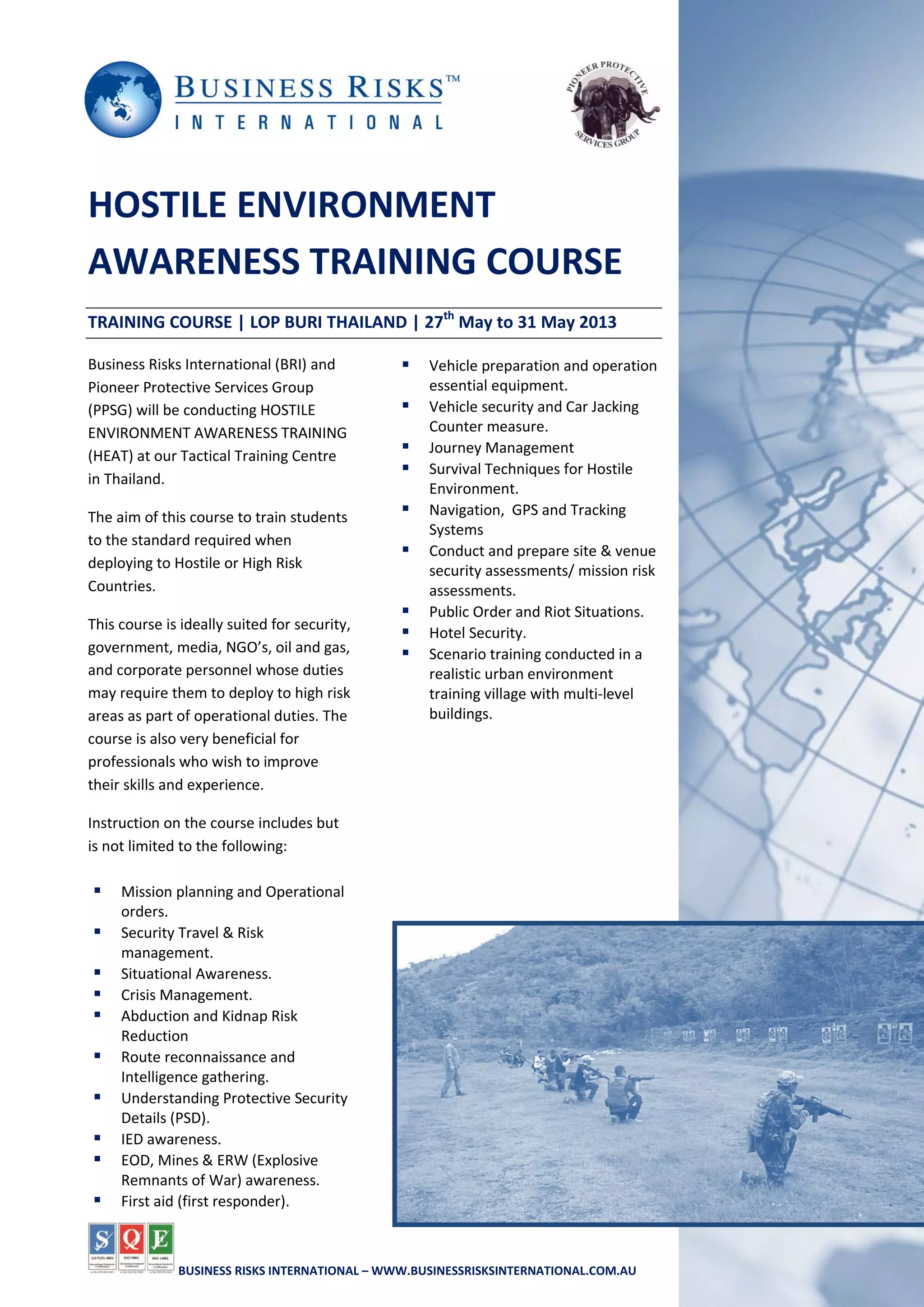 Bri hostile environment awareness training course thailand | PDF