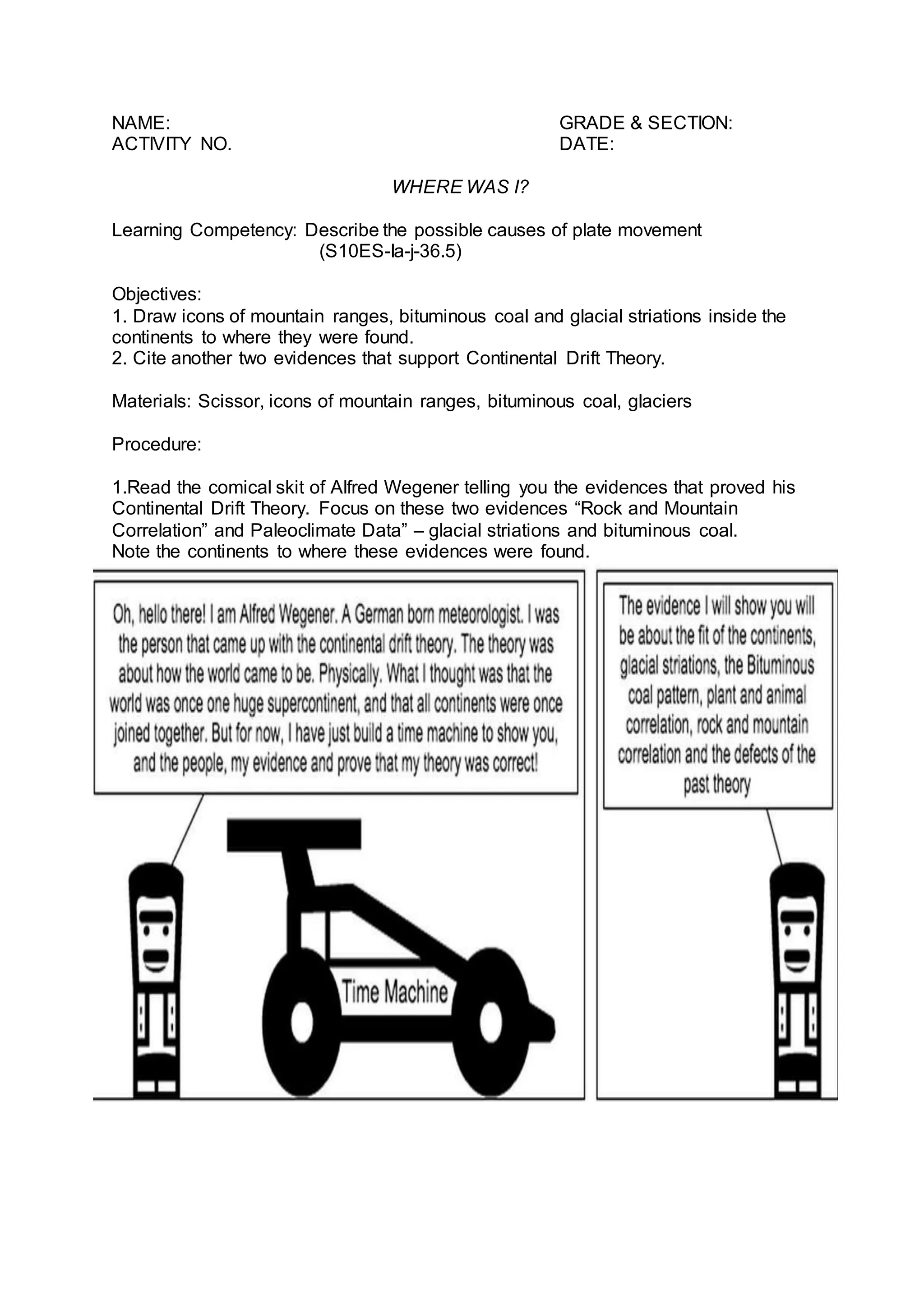 Continental drift theory evidences Activity sheet | DOCX