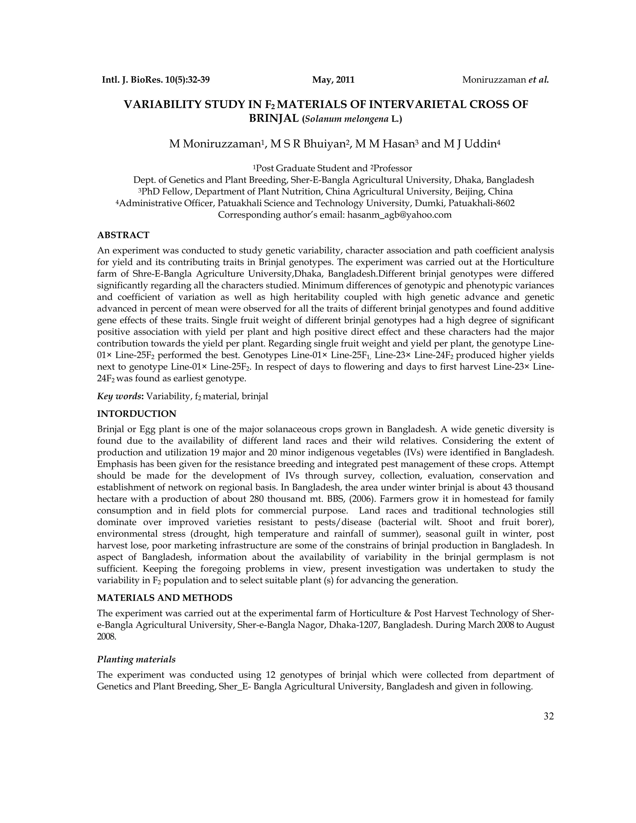 VARIABILITY STUDY IN F2 MATERIALS OF INTERVARIETAL CROSS OF BRINJAL ...