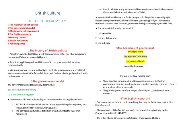 British Culture - British Political System - English Studies S3 | PPT