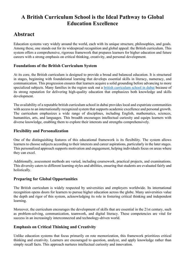 A British Curriculum School is the Ideal Pathway to Global Education ...