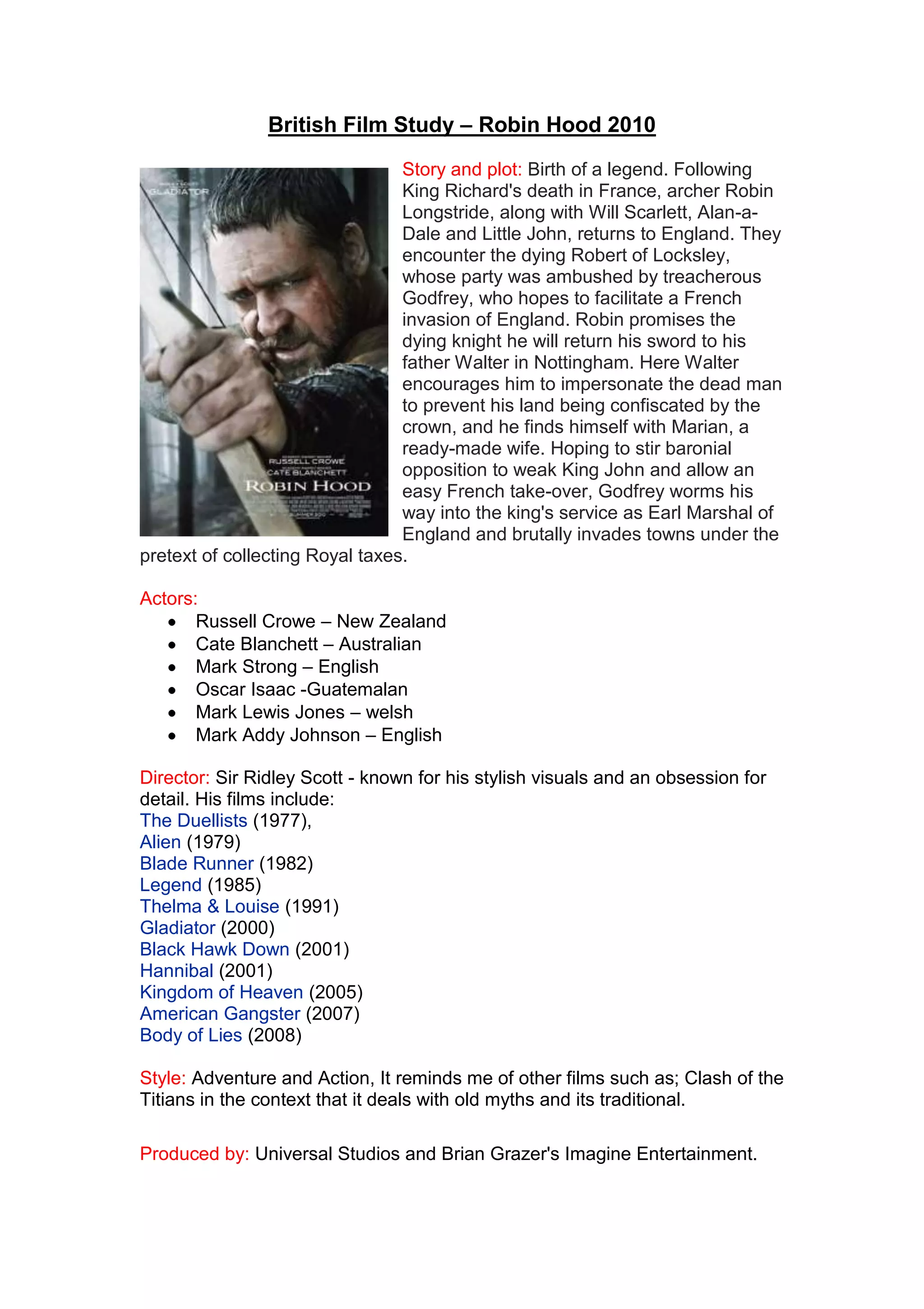 British Film Study – Robin Hood 2010 | DOCX