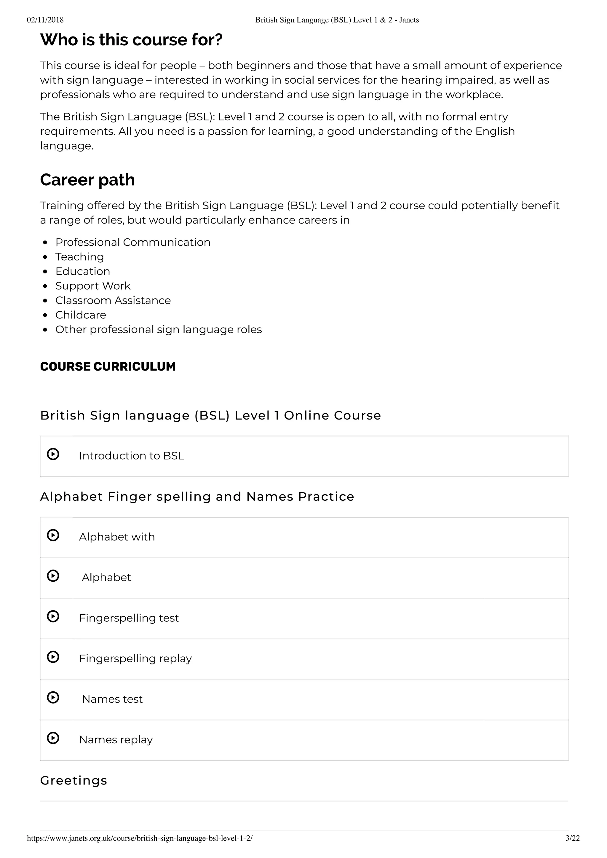 British Sign Language (BSL) Level 1 & 2 - Janets | PDF