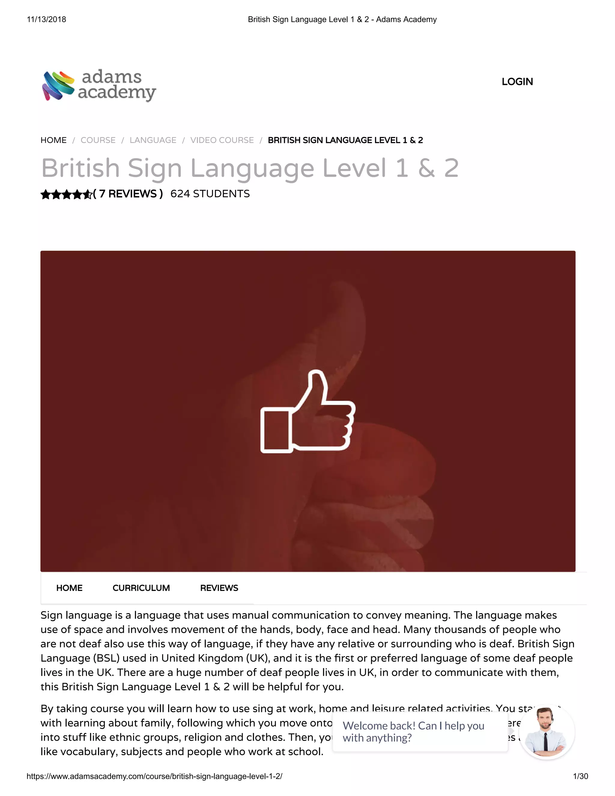 British Sign Language Level 1 & 2 - Adams Academy | PDF