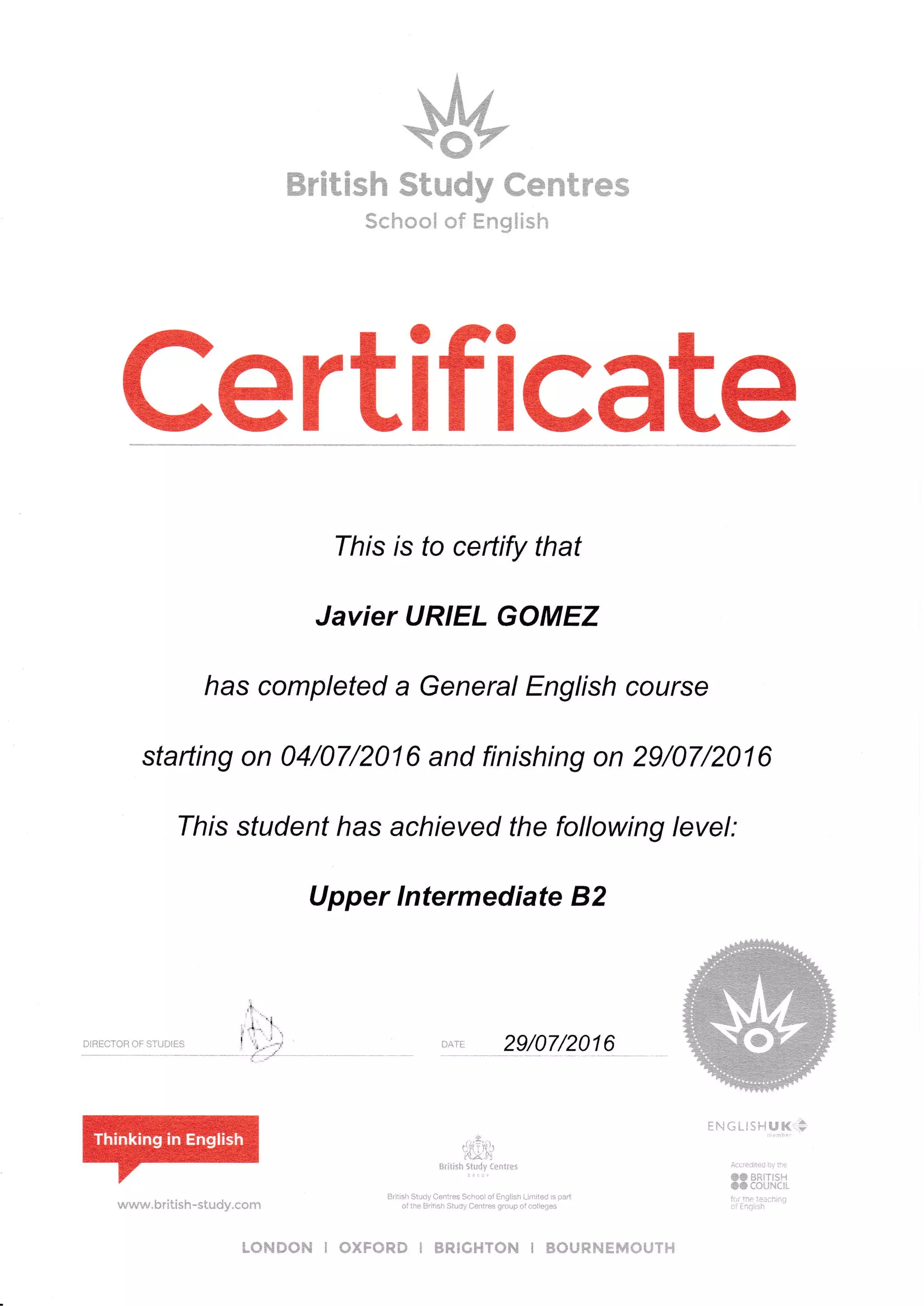 British Study Centres Certificate | PDF