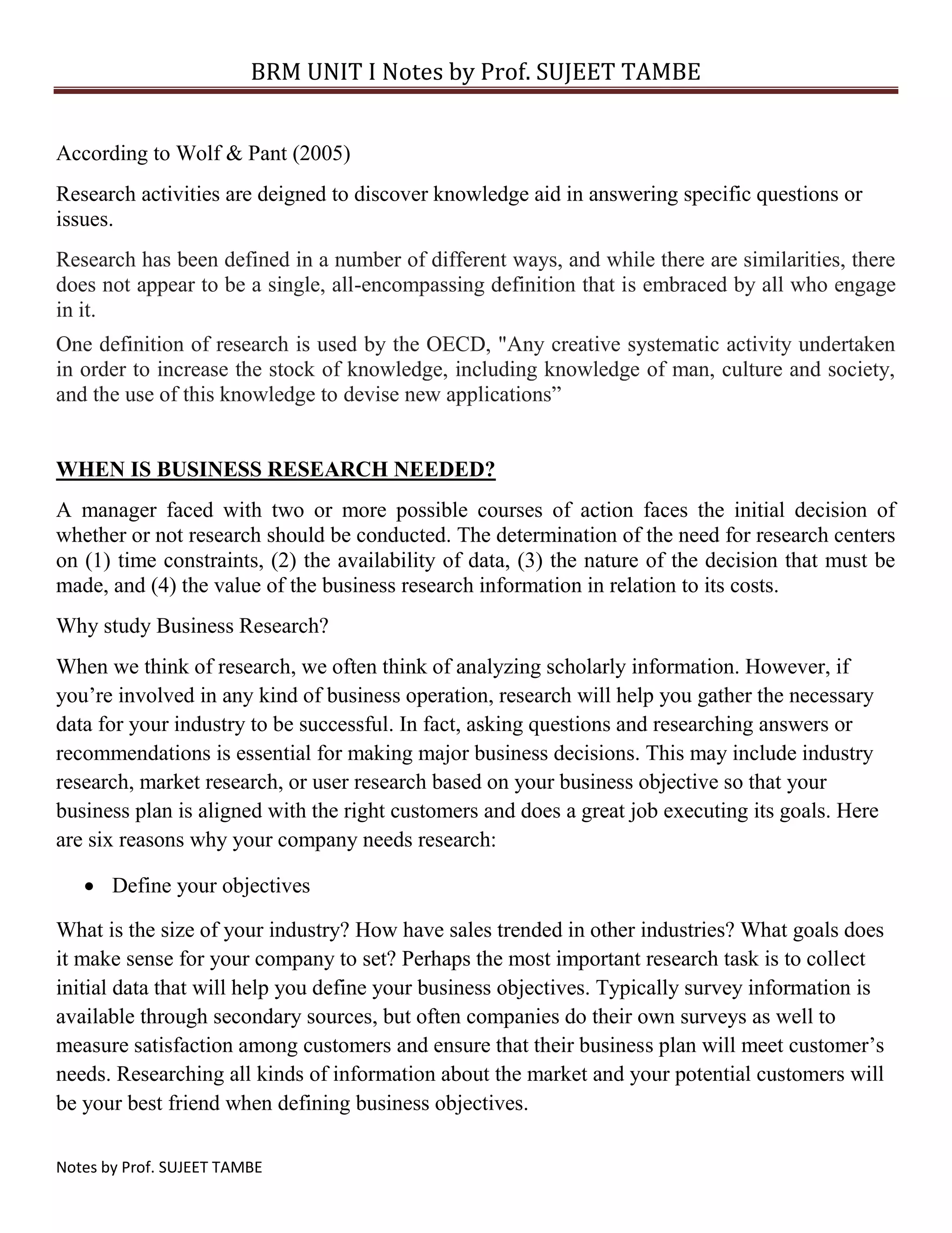 Business Research Methods Unit 1 notes | PDF