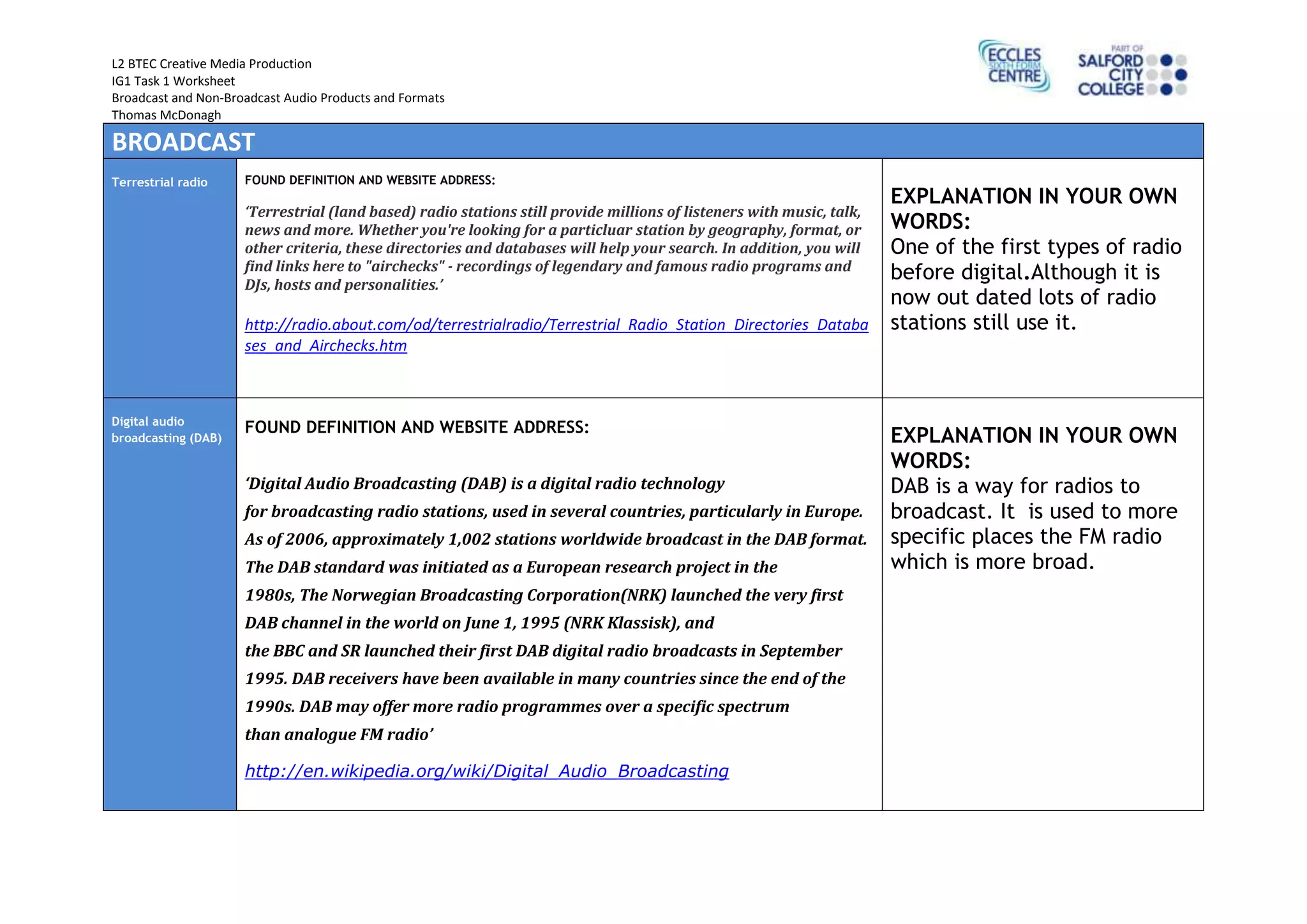 Broadcast and non broadcast audio products and formats worksheet ig1 ...