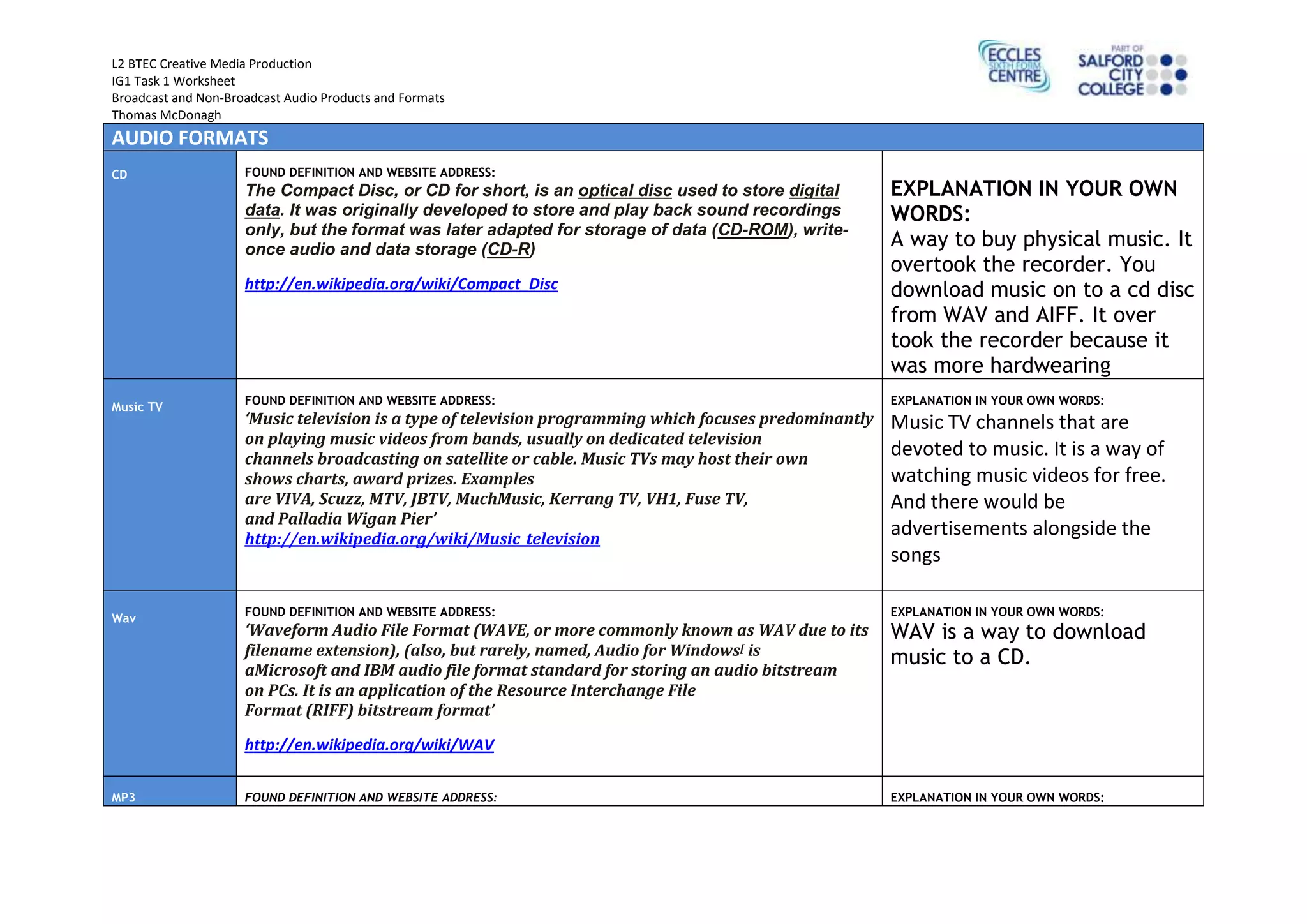 Broadcast and non broadcast audio products and formats worksheet ig1 ...
