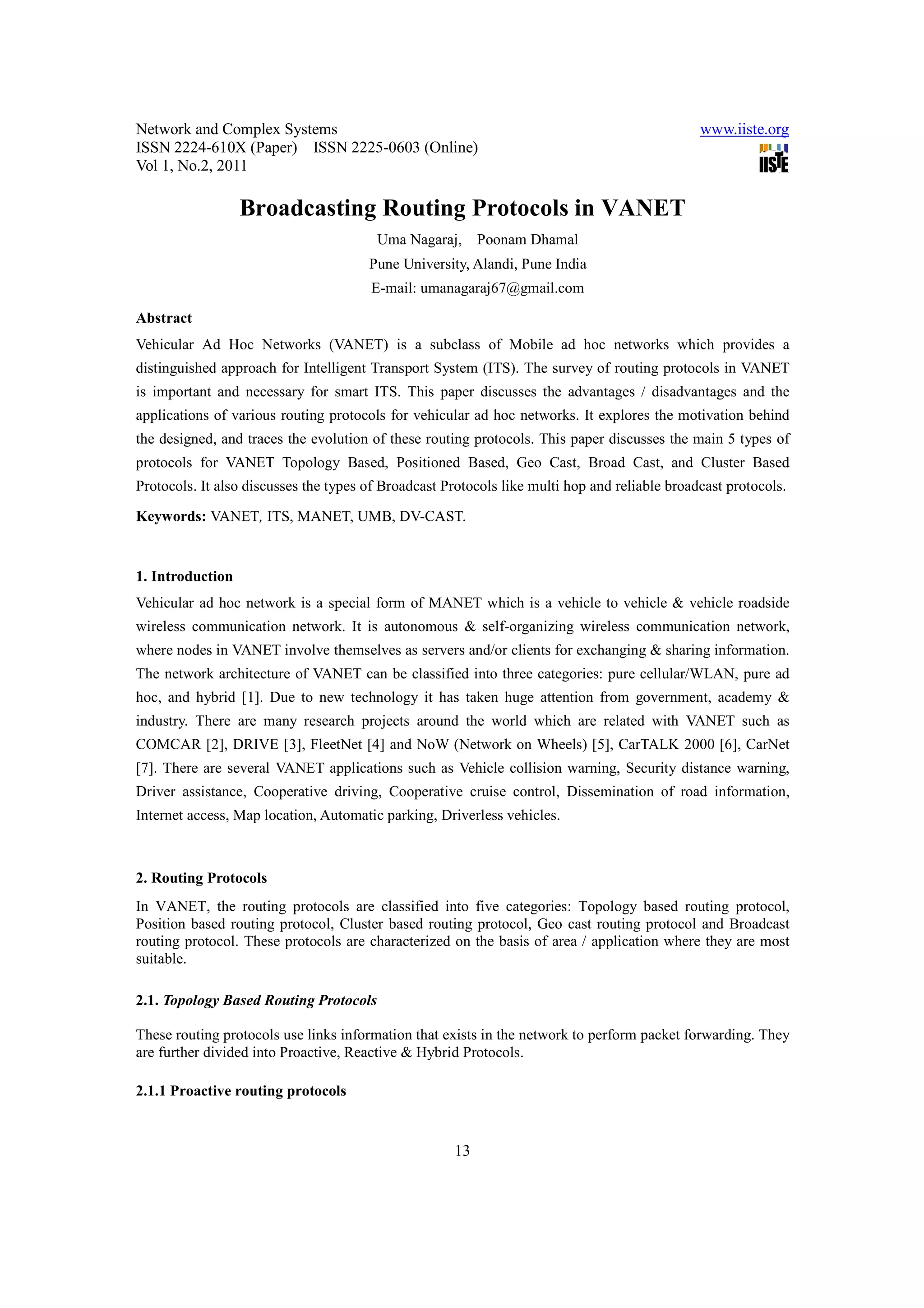 Broadcasting Routing Protocols In Vanet Pdf Computer Networking Computing