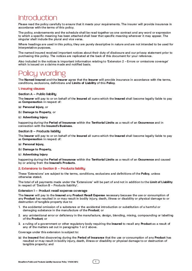 Broadform Public and Products Liability Insurance Policy