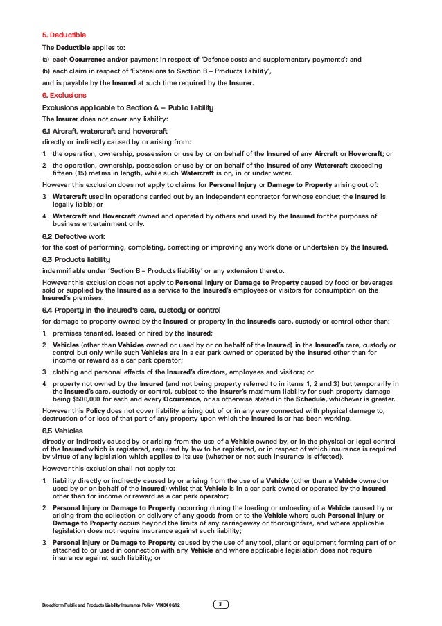 Broadform Public and Products Liability Insurance Policy