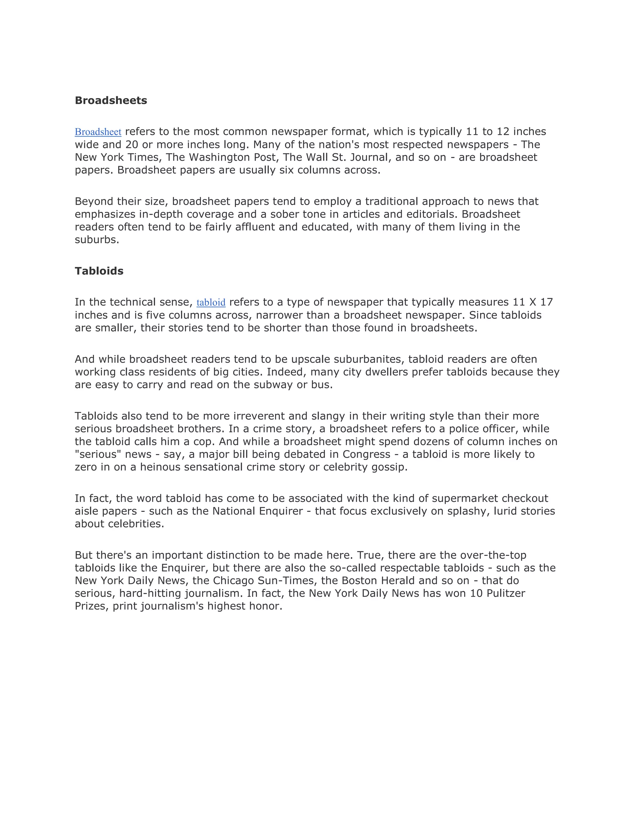 Broadsheets v tabloids | PDF