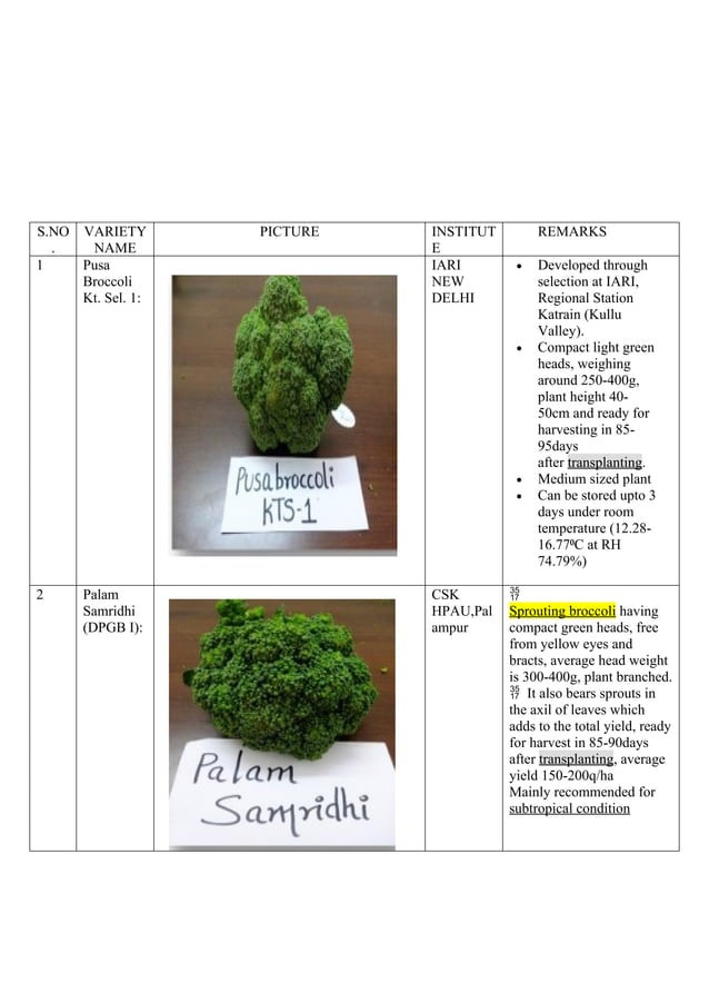 List of commercial varieties of varieties of broccoli | DOCX